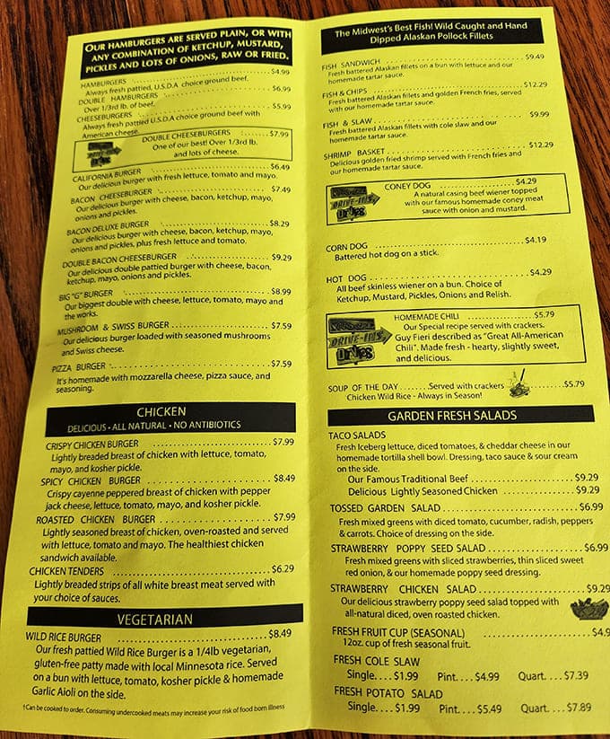 This menu is your roadmap to comfort food paradise, featuring everything from wild rice burgers to hand-dipped Alaskan Pollock fillets.