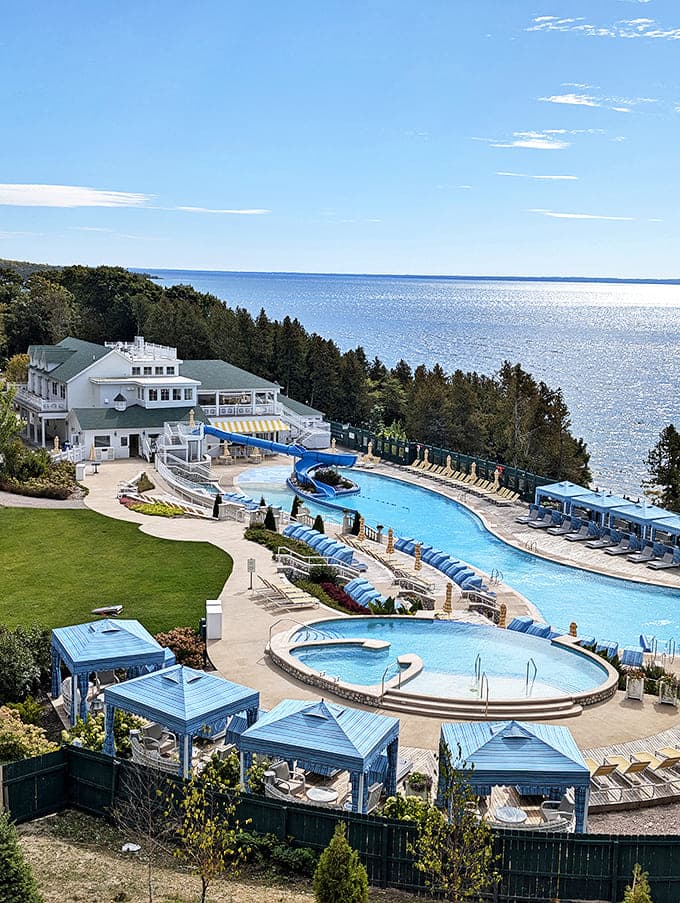 Azure pools cascade down the bluff, offering swimmers a refreshing dip with million-dollar views of Lake Huron stretching to the horizon. 