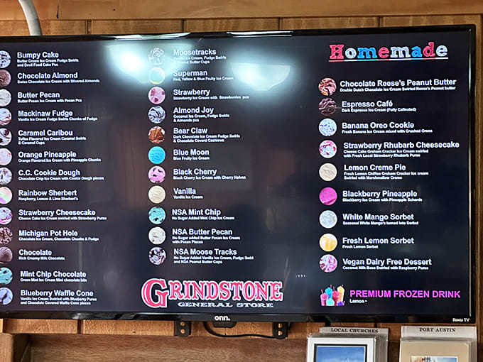 Decision paralysis has never been sweeter! The menu board showcases over 30 flavors, each one practically begging to be sampled before making your final choice.