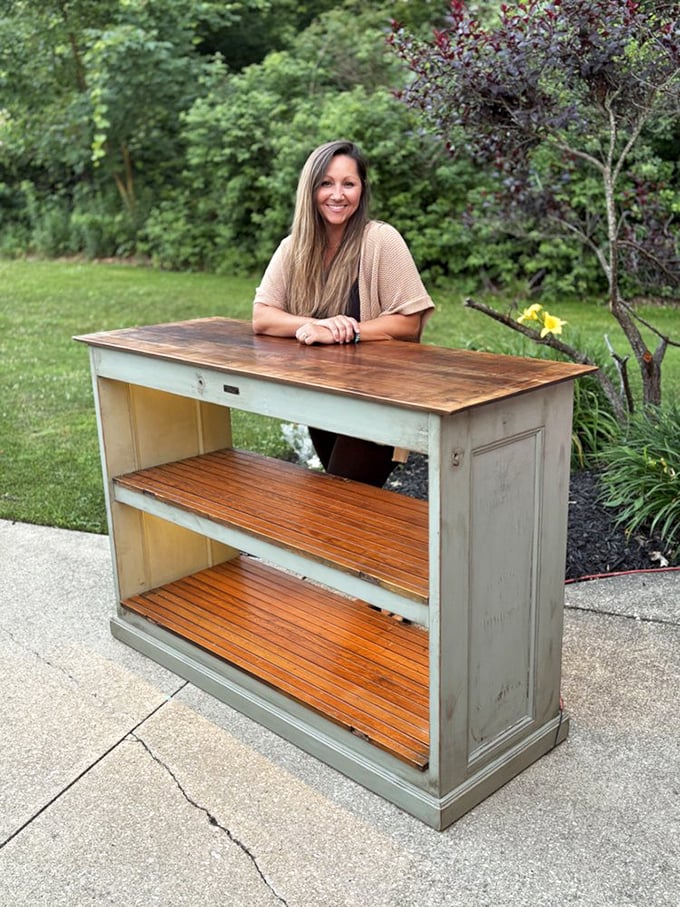 This refinished piece shows how respecting the original wood while adding fresh paint creates furniture that's both functional and full of character, proving someone here actually knows what they're doing.