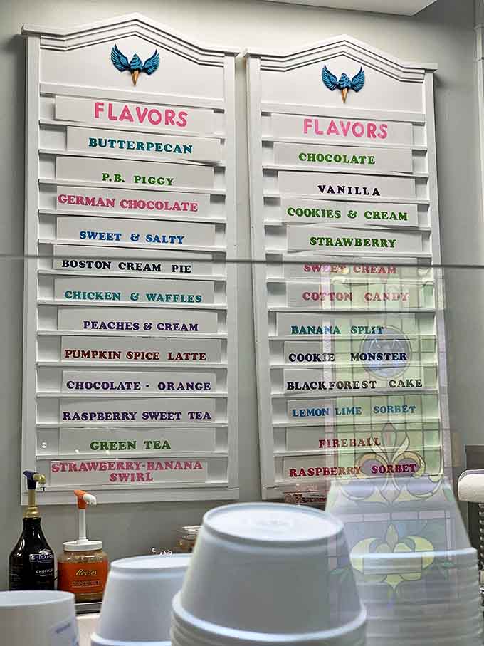 A hymn board of frozen delights! From classic Butterpecan to adventurous Chicken & Waffles, these flavors preach the gospel of great ice cream.