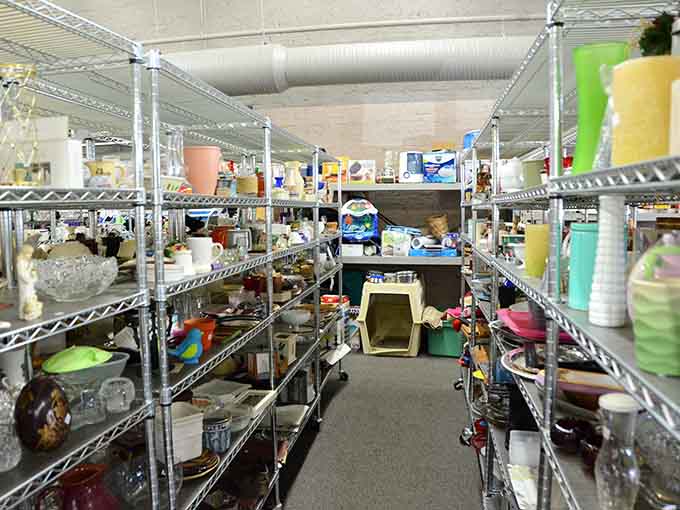 Shelves packed with household goods prove that one person's "I don't need this anymore" is another person's "I've been looking everywhere for this!"