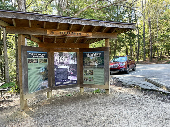 Knowledge awaits curious minds &ndash; this rustic kiosk reveals the geological drama that created Ohio's most photogenic waterfall.