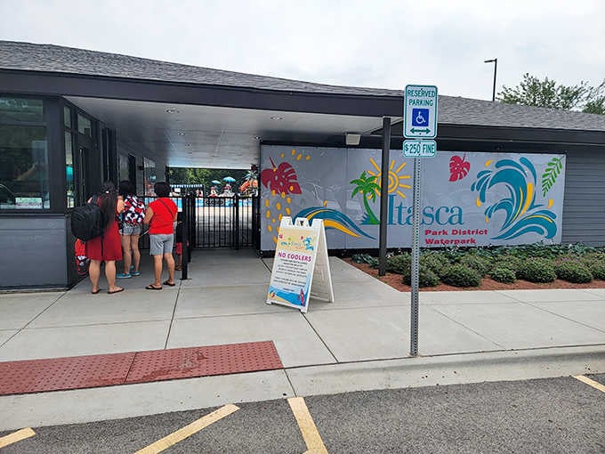 Colorful waves and palm motifs greet visitors, setting the stage for the tropical escape that awaits just steps away.