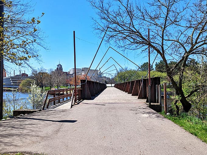 This pedestrian bridge doesn't just connect two shores &ndash; it frames the perfect view of Lansing's waterfront, where historic buildings embrace the river.