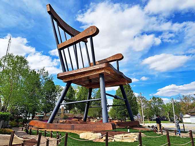 From this angle, the chair's massive scale becomes even more apparent, dwarfing everything around it in delightfully absurd fashion.