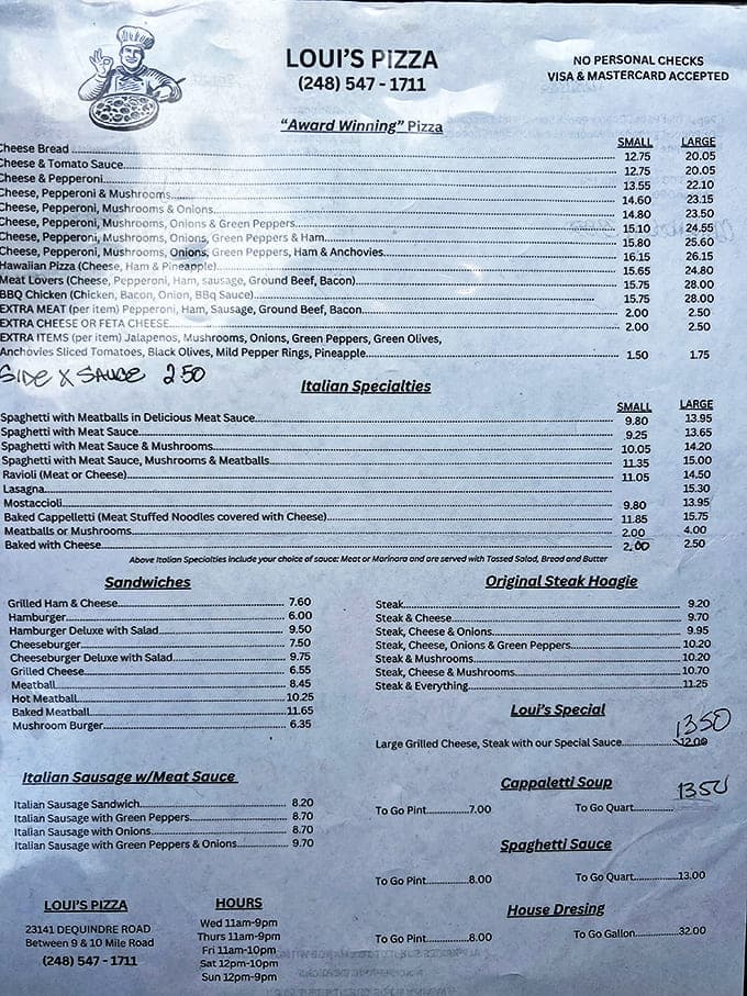 The menu reads like a love letter to Italian-American classics, with Detroit-style pizza as the undisputed star.