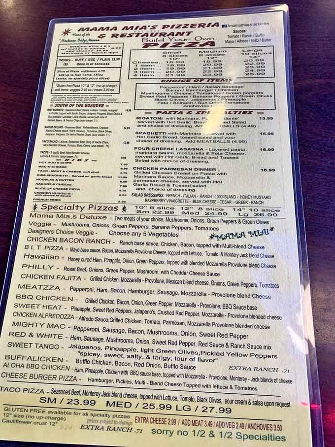 The menu reads like a love letter to Italian-American classics with specialty pizzas sporting names as creative as their topping combinations.