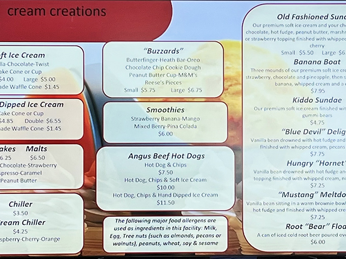 The menu board at Z's reads like a dessert fantasy novel &ndash; "Buzzards" with mix-ins, smoothies, and even Angus beef hot dogs for the savory-before-sweet crowd.