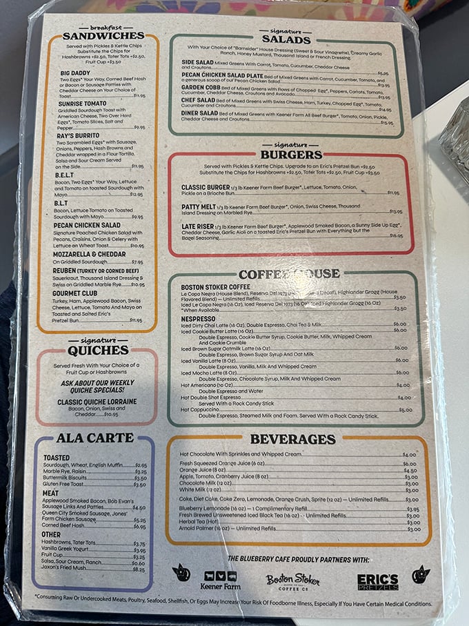 Decision paralysis strikes as the menu reveals breakfast treasures from giant pancakes to quiche specials and signature sandwiches.