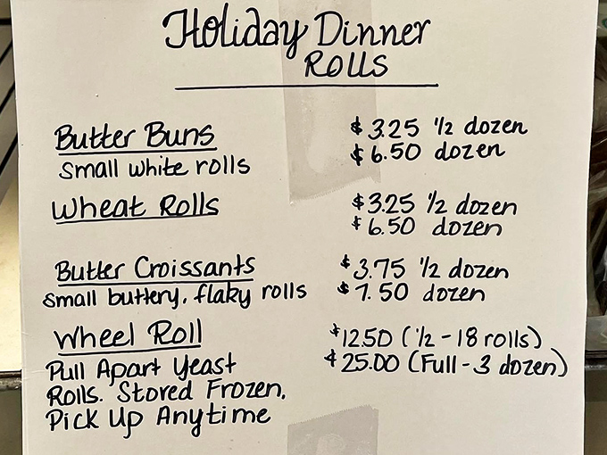 The handwritten menu board announces holiday rolls with charming simplicity – no fancy typography needed when the goods speak for themselves.