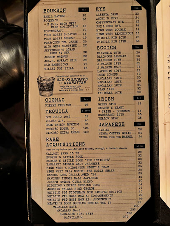Not just a menu but a treasure map of spirits – from rare Japanese whiskeys to small-batch bourbons waiting to be discovered.