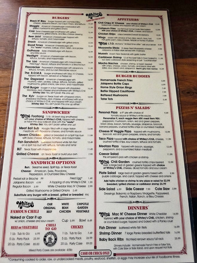 Menu: A treasure map of comfort food classics, Whitey's menu showcases everything from their legendary chili to creative burger combinations that'll make your mouth water.