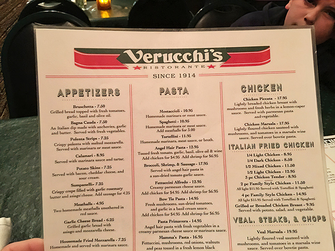 Menu: A treasure map of Italian delights, Verucchi's menu showcases classics that have stood the test of time without falling prey to passing food fads.