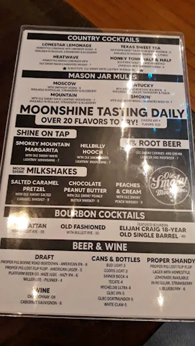 This isn't just a menu – it's a roadmap to flavor country, where moonshine flows freely and barbecue reigns supreme.