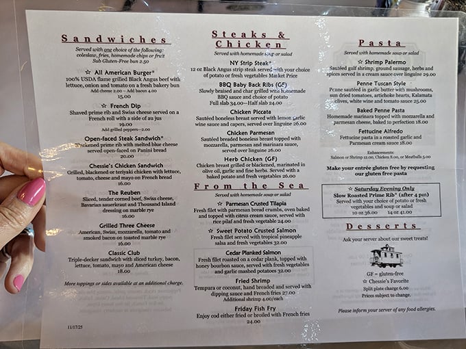 Decisions, decisions! The menu offers everything from flame-grilled steaks to pasta creations that would make any conductor stop the train.