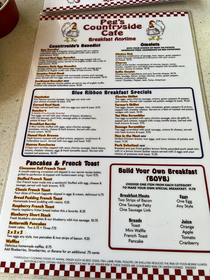 The menu reads like a love letter to breakfast classics, with benedicts and omelets stealing the spotlight.