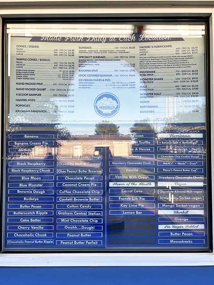 The wall of possibilities &ndash; each flavor name on this blue board represents a different path to happiness. Choose wisely, or come back tomorrow.