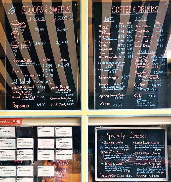 Decisions, decisions! The menu board showcases everything from classic scoops to elaborate sundaes that might require a moment of contemplation.