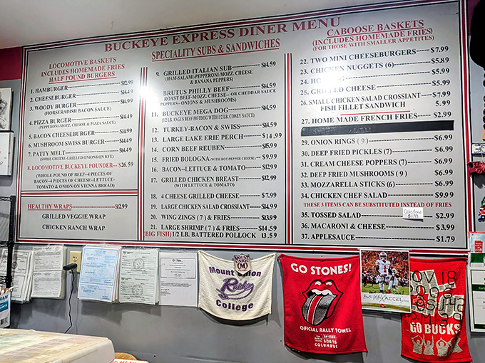 The extensive menu board showcases diner classics with locomotive-themed names – all aboard the flavor express!