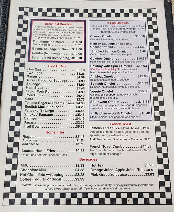 The menu reads like a greatest hits album of comfort food classics—breakfast all day, three-egg omelets, and French toast that could make your grandmother jealous.