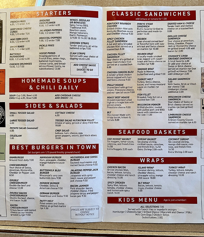 The menu reads like a love letter to comfort food, with everything from burgers to seafood baskets.