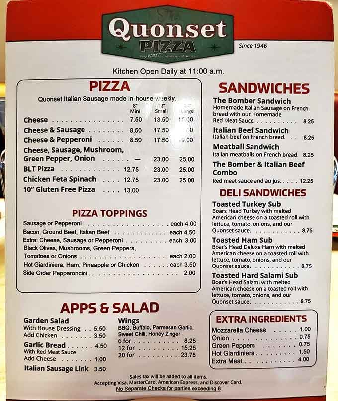 The straightforward menu showcases what Quonset does best &ndash; no-nonsense Italian-American favorites headlined by their legendary thin-crust pizzas and house-made Italian sausage.