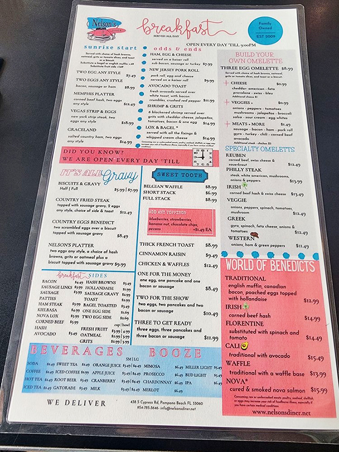 Menu: A roadmap to happiness printed on paper. The "World of Benedicts" section alone deserves its own ZIP code.