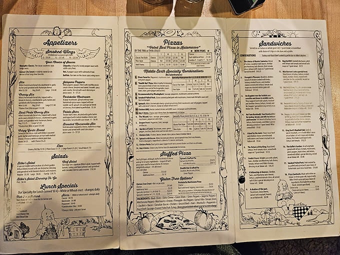 The menu reads like Tolkien wrote it between chapters, turning pizza ordering into a literary adventure worth savoring.