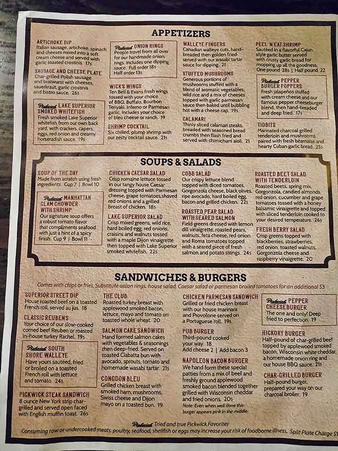 A menu that reads like a love letter to carnivores, featuring Lake Superior specialties and legendary steaks that have kept locals coming back for generations.