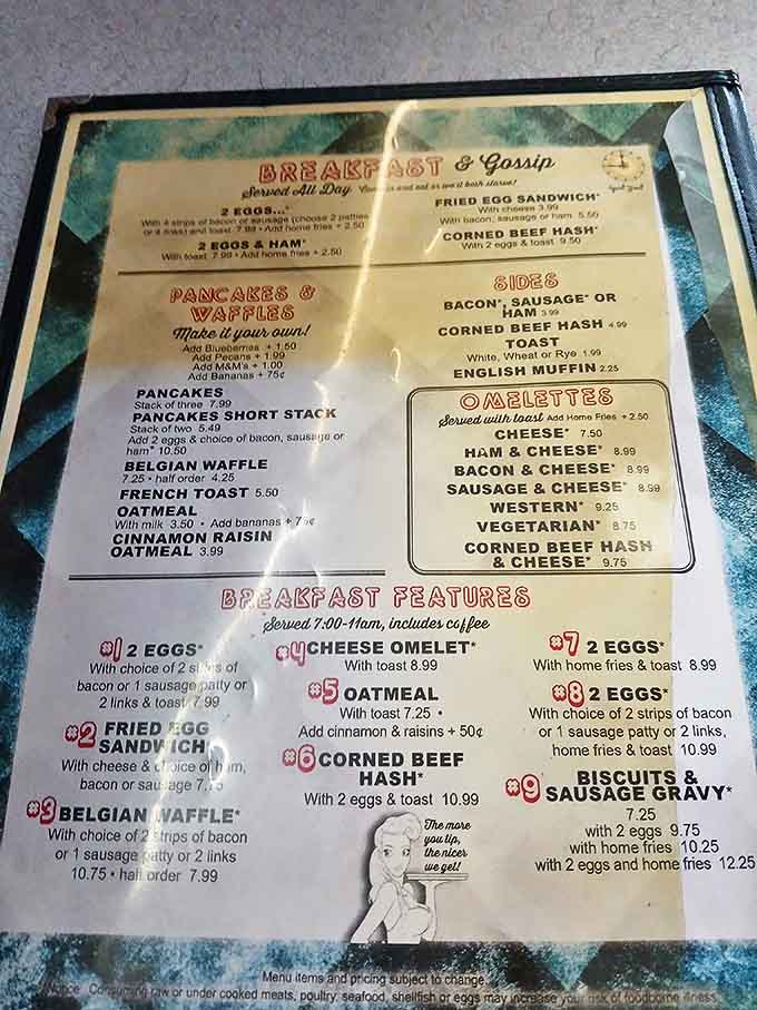 The breakfast menu reads like a love letter to morning classics – Belgian waffles, corned beef hash, and omelets that could make a rooster crow with delight.