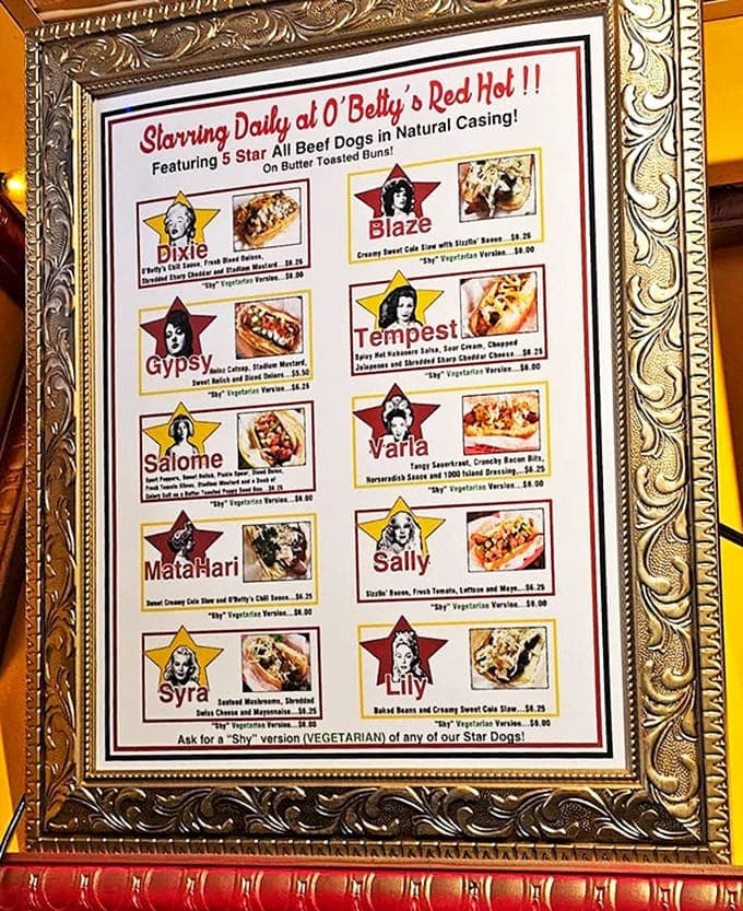 The menu reads like a burlesque playbill, with each hot dog creation starring as a different performer. Dixie, Mata Hari, and Tempest await!