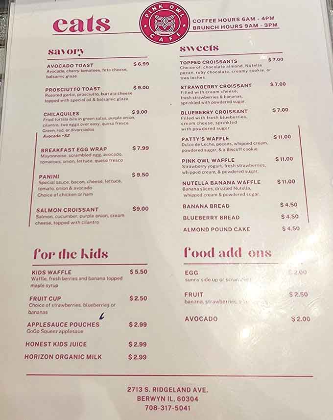 The menu at Pink Owl Cafe reads like a delicious love letter to breakfast enthusiasts, with options to satisfy every craving.