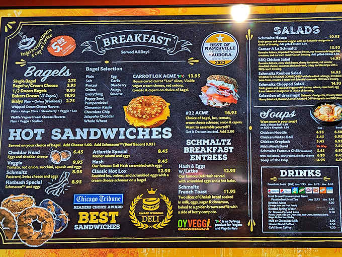 A menu board that reads like a love letter to Jewish deli traditions, with breakfast served all day!