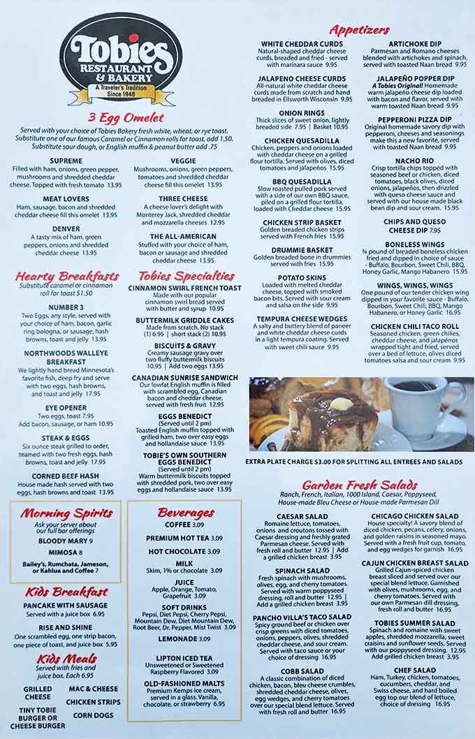 Decisions, decisions! The extensive menu at Tobie's features everything from hearty breakfast platters to fresh salads and homestyle dinner favorites.