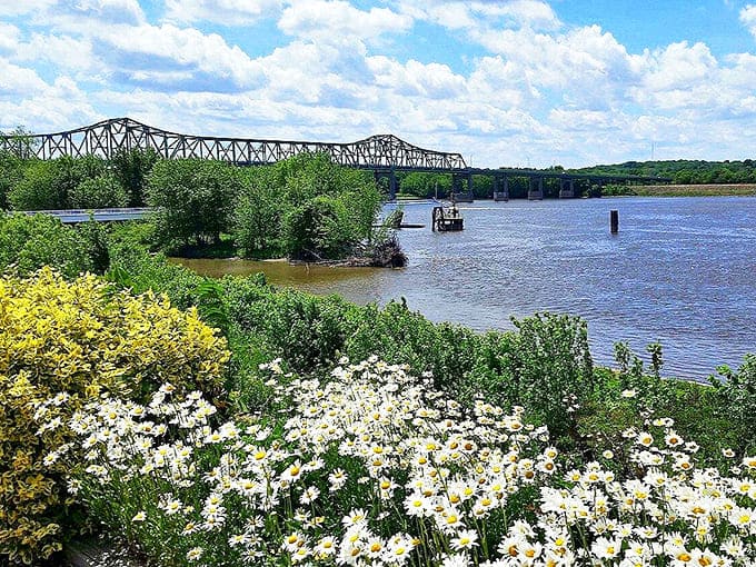 The mighty Mississippi flows past Fulton, carrying barges and dreams while wildflowers dance along its banks.