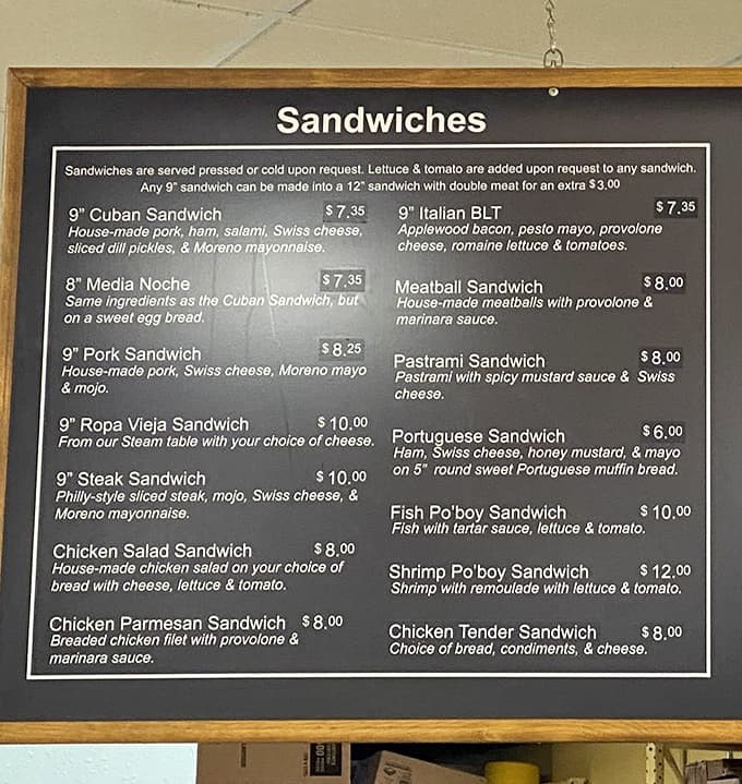 This menu board tells you everything you need to know: serious sandwich options await, from Cuban classics to creative variations.