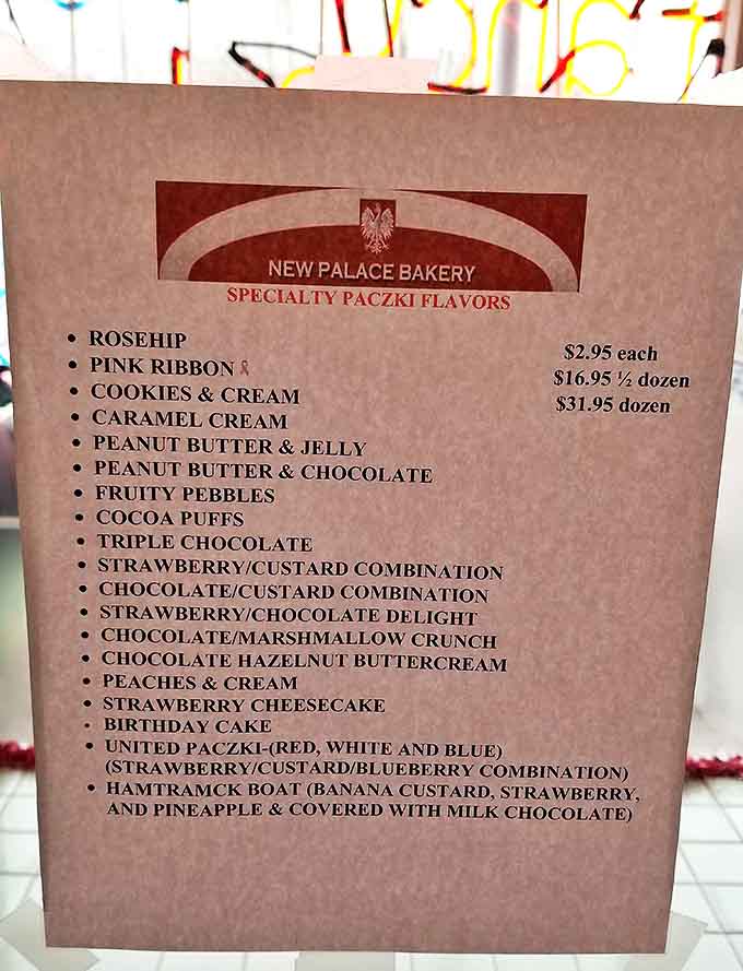 The specialty pączki menu reads like a dessert fantasy novel, with flavors ranging from traditional rosehip to the patriotic "United Pączki."