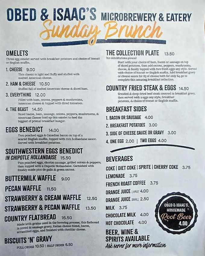 The Sunday brunch menu reads like a delicious sermon – "The Beast" omelet preaches to hungry souls while buttermilk waffles offer sweet salvation.