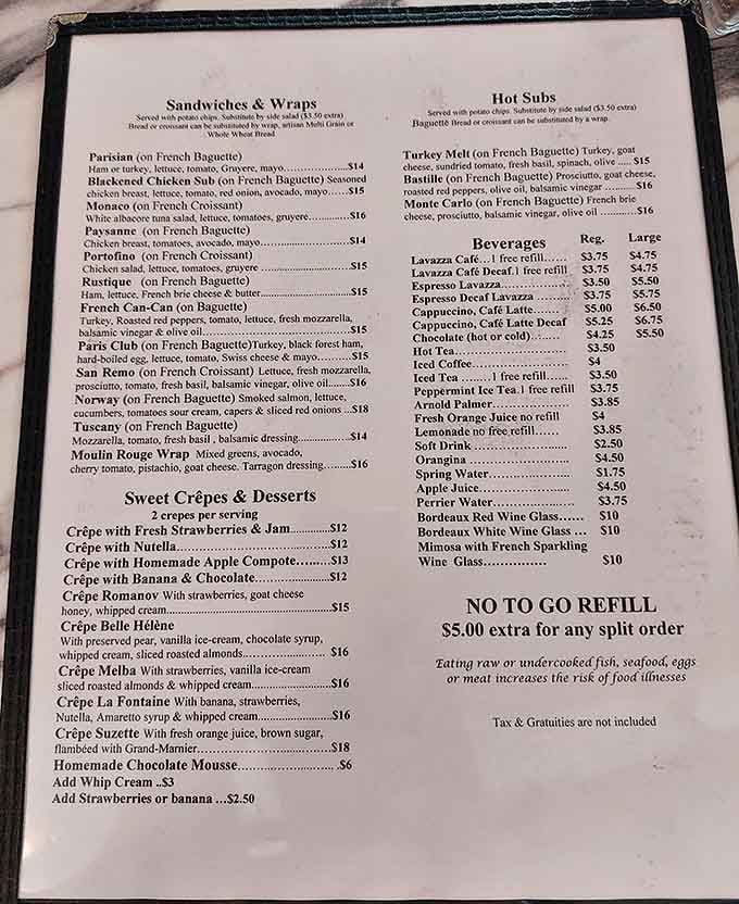 A treasure map of French culinary delights, from the "Parisian" sandwich to the "Crêpe Suzette" – each item a passport stamp for your taste buds.