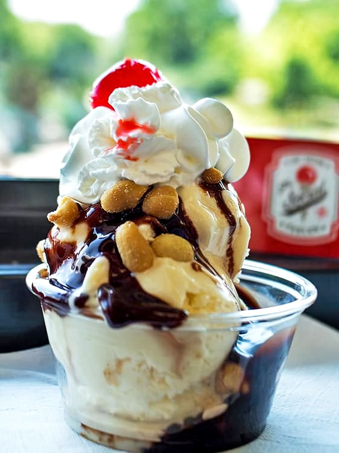 Peanut Parfait: A masterpiece of engineering &ndash; vanilla ice cream, hot fudge, and peanuts stacked so perfectly it seems a shame to destroy it. Almost.