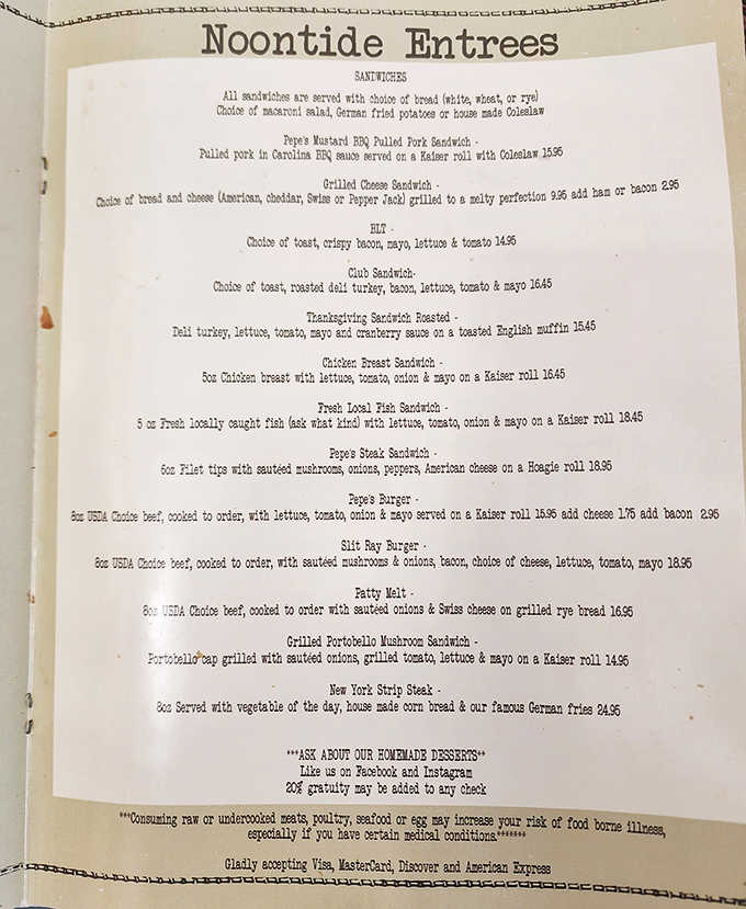Menu: Not just a list of food but a roadmap to happiness &ndash; Pepe's "Noontide Entrees" promise satisfaction whether you're craving a BLT or Thanksgiving in sandwich form.