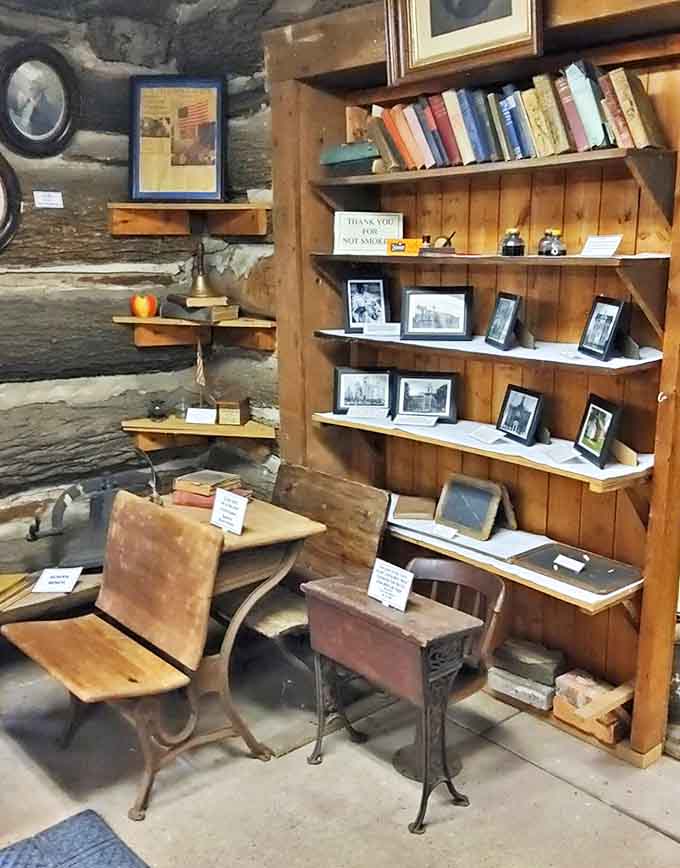 This isn't your modern classroom setup &ndash; wooden desks and vintage books showcase education before screens and standardized testing.