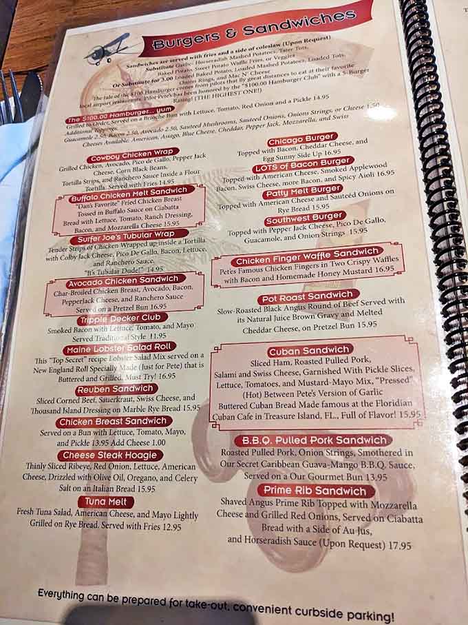 The menu reads like a flight plan for your taste buds, with everything from the famous fish fry to burgers that'll make your stomach do barrel rolls.
