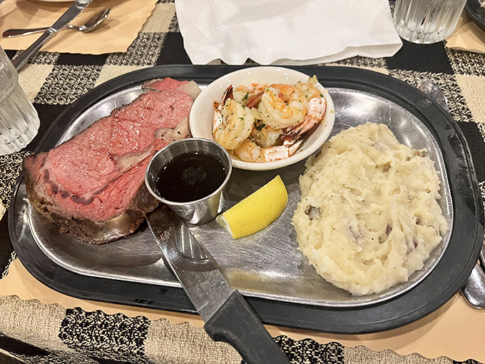 The star of the show: prime rib so tender you'll question all other beef experiences, paired with plump shrimp and cloud-like mashed potatoes.