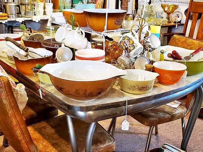 A rainbow of vintage Pyrex bowls awaits collectors &ndash; each pattern tells a story of American kitchens where family recipes came to life.