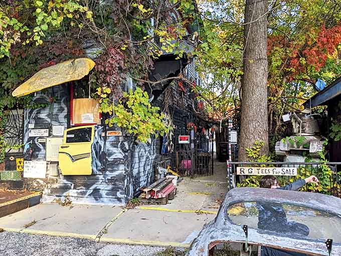 Yellow doors embedded in walls create a surreal welcome, blurring the line between architecture and art installation.