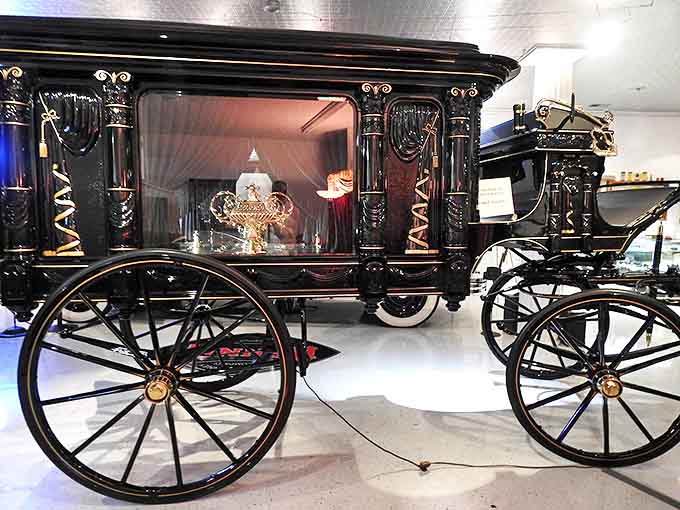 This magnificent black hearse showcases Victorian craftsmanship at its finest – when even your final ride was a statement of social standing.