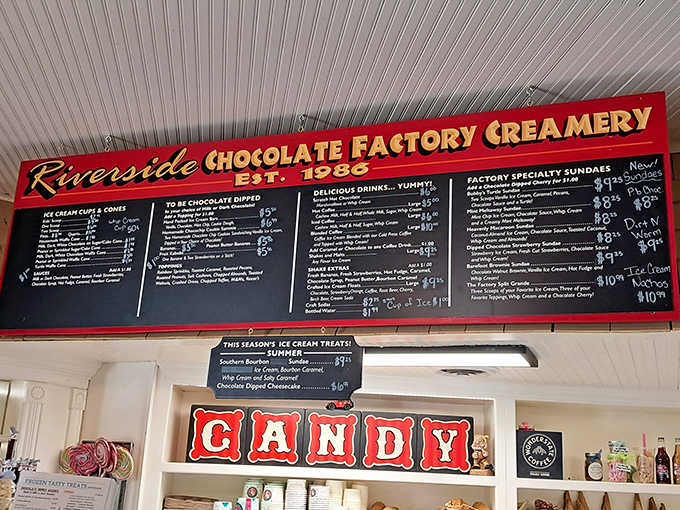 The wall of temptation &ndash; a chalkboard menu that might as well read "Abandon all diets, ye who enter here." Each item more decadent than the last.