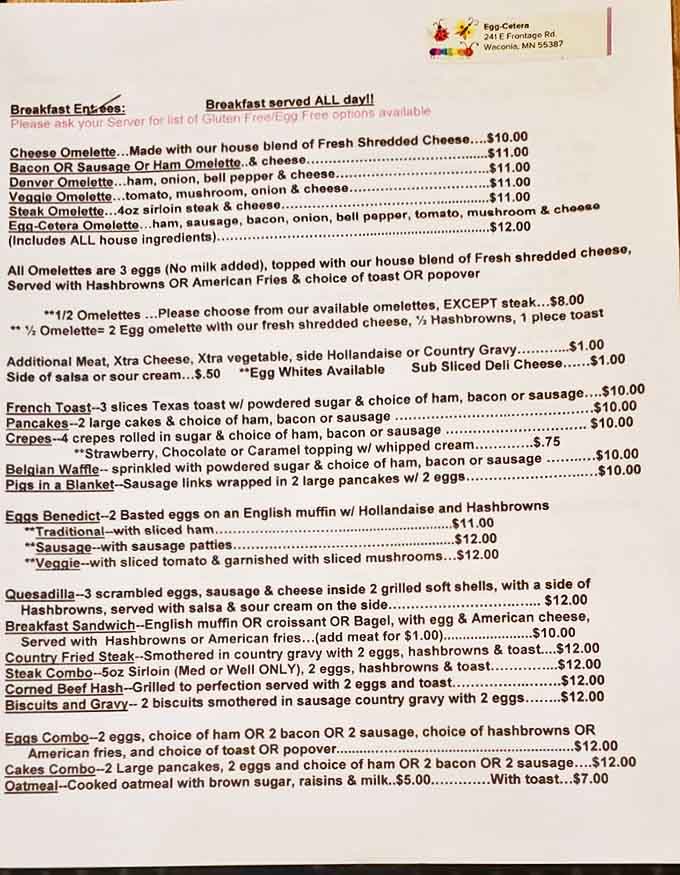 The breakfast bible of Waconia &ndash; where every item promises a morning epiphany wrapped in eggs, butter, and nostalgia.